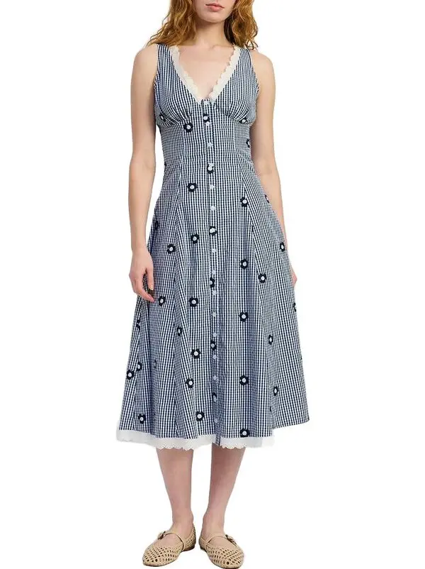 JACQUIE THE LABEL Hera Gingham Midi Dress With Floral Appliqués And Lace Trim - Navy White