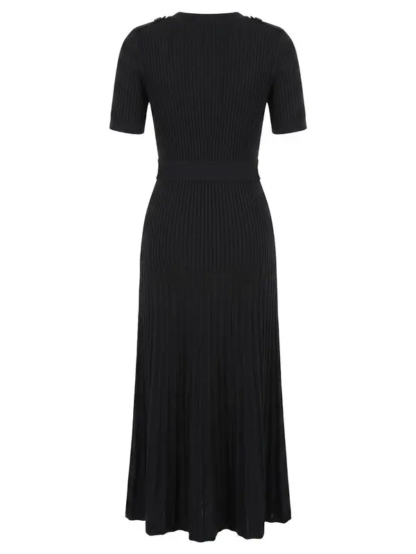 MODENAIRE Ribbed Knit Sculpted Pleats Midi Dress - Black