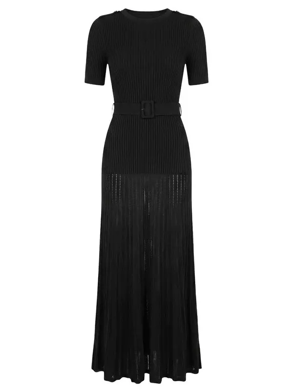 MODENAIRE Ribbed Knit Sculpted Pleats Midi Dress - Black
