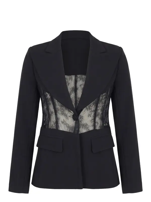 MODENAIRE Lace Paneled Deep V Neck Blazer - Black