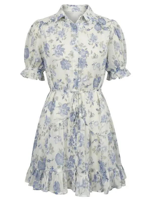 MODENAIRE Floral Print Shirt Dress With Tie Waist - Blue