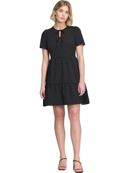 FINERY LONDON Lola Tie Front Tiered Mini Dress - Black Spot