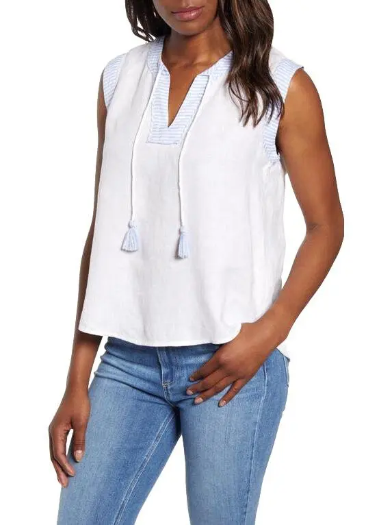 Vineyard Vines Sleeveless Linen Tassel Tie Blouse - White Cap