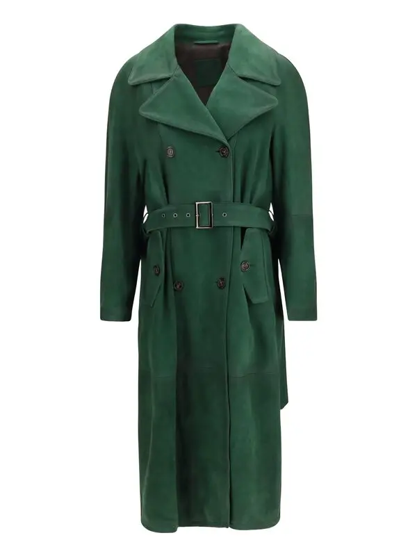 VALSTAR Vintage Effect Suede Double Breasted Trench Coat - Green