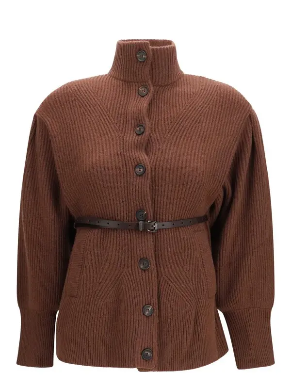 Brunello Cucinelli High Neck Cardigan With Belt - Brown