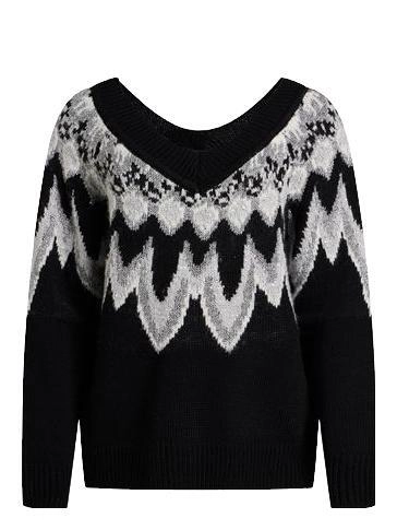 NO SECRETS Jacquard-knit V-neck Sweater With Sequins - Black
