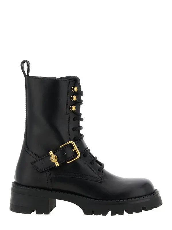 Versace Calfskin Leather Ankle Boots With Medusa Buckle - Black
