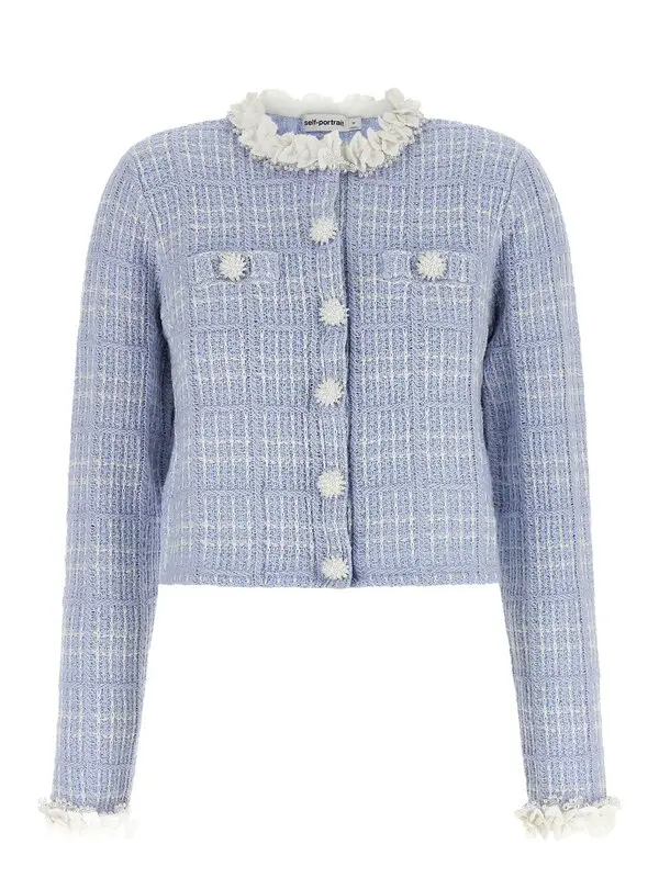 SELF-PORTRAIT Check Knit Cropped Jacket With Floral Appliqu - Blue