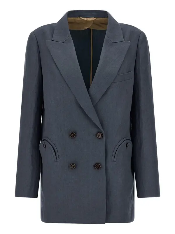 BLAZÉ MILANO Double-breasted Peak Lapel Linen Blazer - Blue