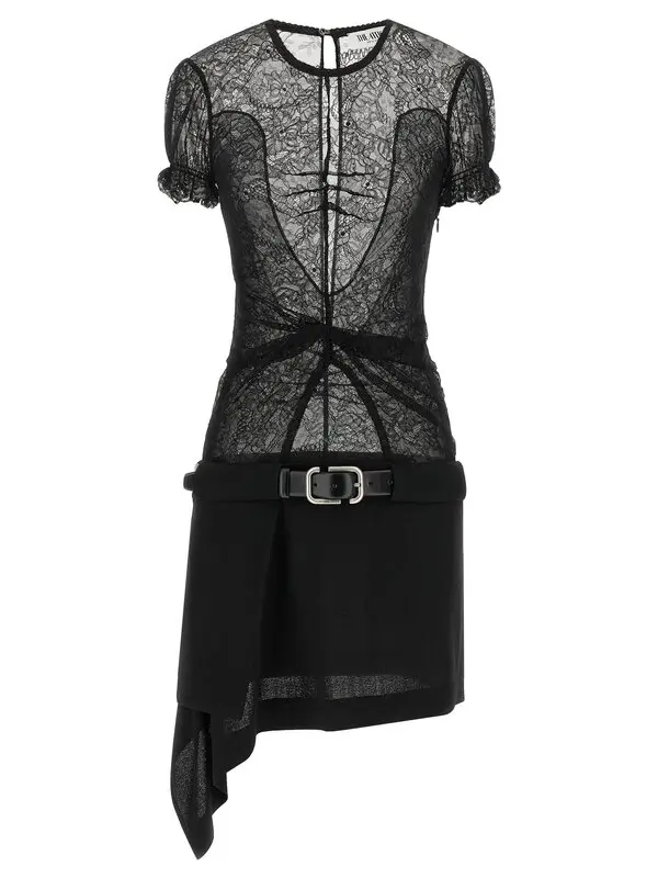 Attico Lace Mini Dress With Leather Belt - Black