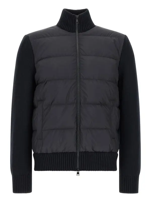 Moncler Two-material Zip-up Cardigan With Quilted Front And Virgin Wool Sleeves - Blue