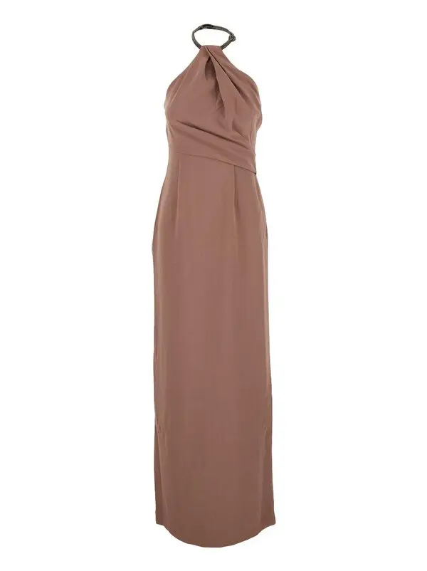 Solace London Riva' Brown Long Dress With Rhinestone-embellished Neckline And Drape Details In Twill - Multicolor