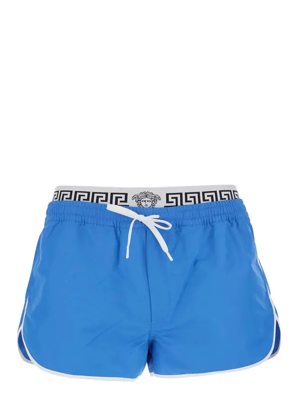 Versace Light Swim Shorts With Logo Band In Tech Fabric - Blue