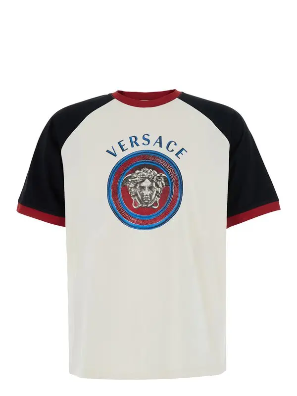 Versace Crew Neck T-shirt With Logo Lettering And Medusa Embroidery On The Front In Cotton For - Multicolor