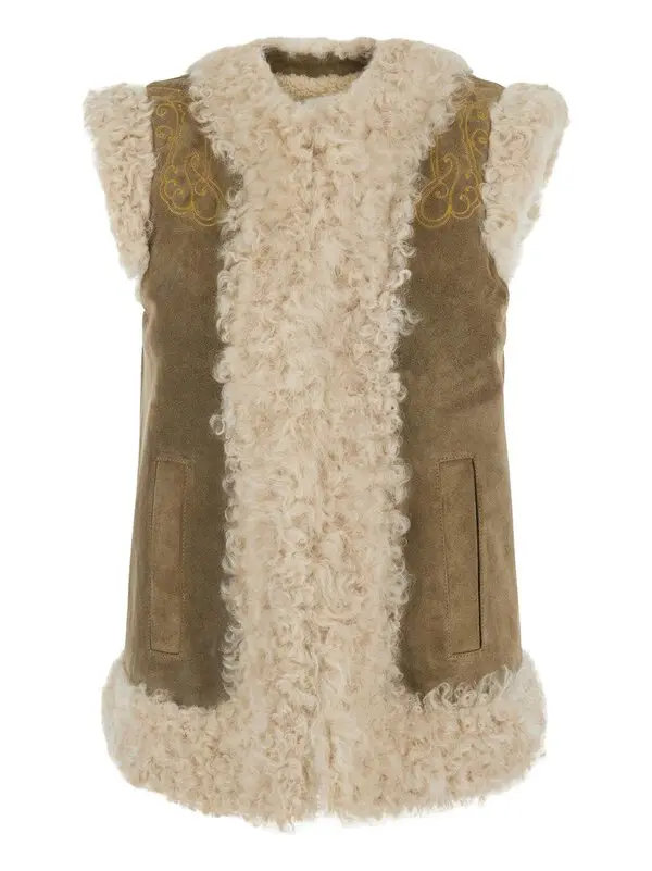 Etro Beige Shearling Vest With Maxi Embroidery - Multicolor