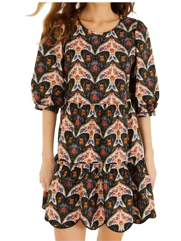 Farm Rio Round Neck Puff Sleeve Printed Dress With Lace Hem - Black