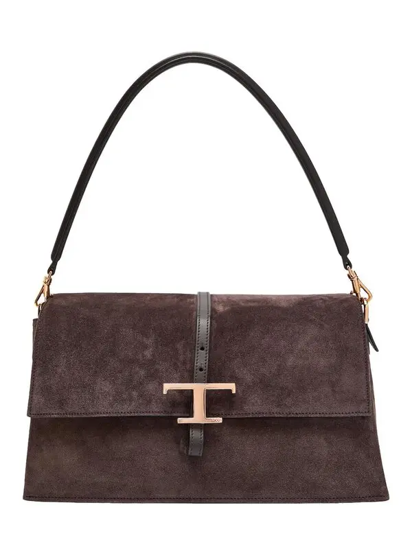 TOD'S Suede Shoulder Bag With T Plaque - Dark Brown
