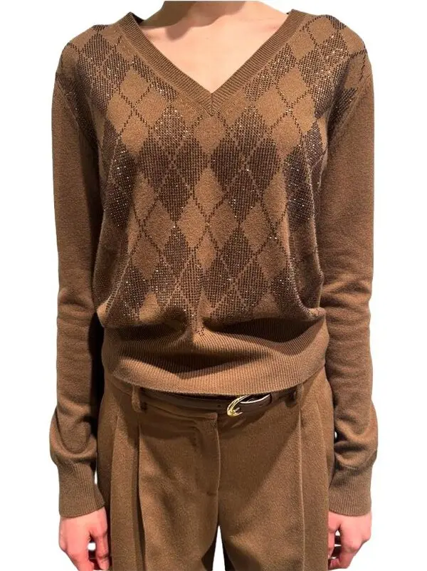 Max Mara Argyle-pattern Stud-embellished Sweater - Chestnut