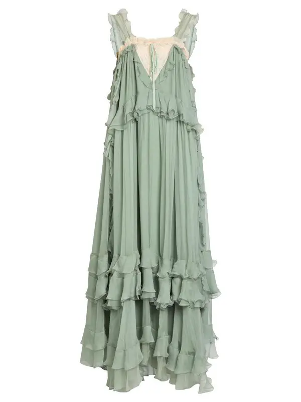 Chloé Ruffled Silk Georgette Maxi Dress - Green