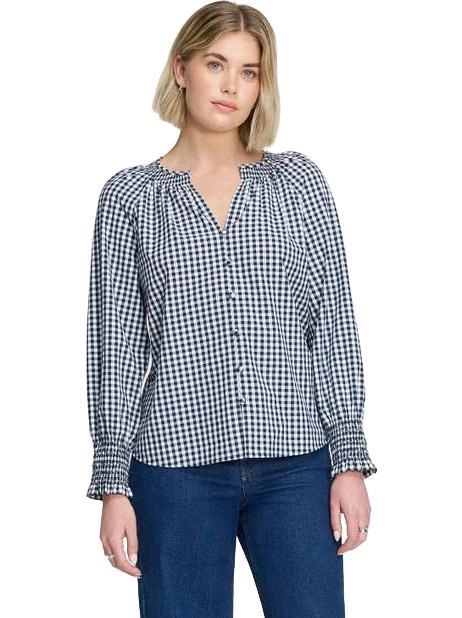 FINERY LONDON Sandy Cotton Gingham Long Sleeve Blouse - Navy Gingham