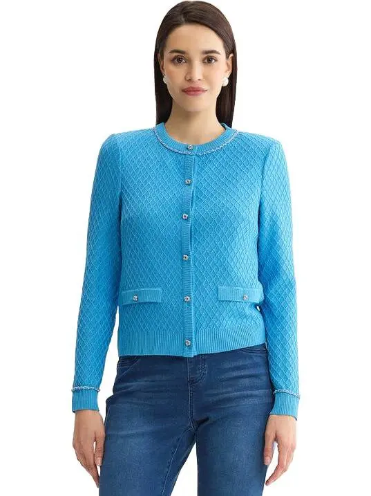 Ming Wang Raised Diamond Ribbed Knit Cardigan - Tranquil Blue