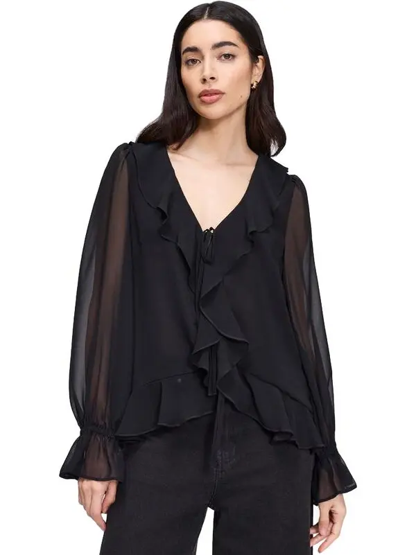 FINERY LONDON Jannelle Sheer Ruffle Detail Blouse - Black