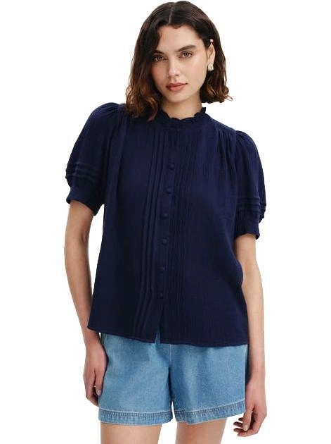 FINERY LONDON Teagan Cotton Cheesecloth Pintuck Blouse - Navy