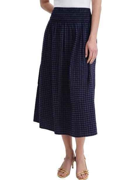 FINERY LONDON Vanessa Gingham Seersucker Midi Skirt - Navy