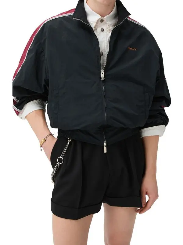 Versace Oversize Wrinkled Nylon Track Jacket With Sporty Stripes - Black