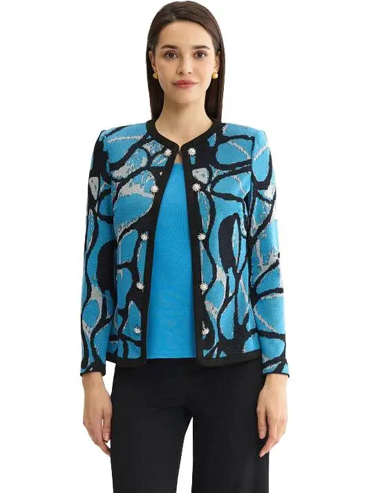 Ming Wang Abstract Jacquard Suede Trim Knit Jacket - Tranquil Blue