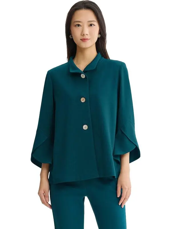 Ming Wang Button Front Bell Sleeve Deco Crepe Jacket - Deep Teal