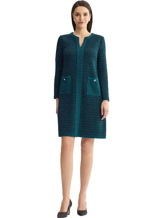 Ming Wang Split V Neck Jacquard Knit Dress - Deep Teal