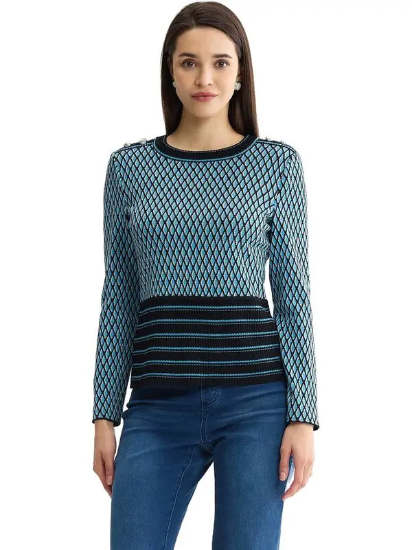 Ming Wang Diamond Pattern Ribbed Knit Top - Tranquil Blue