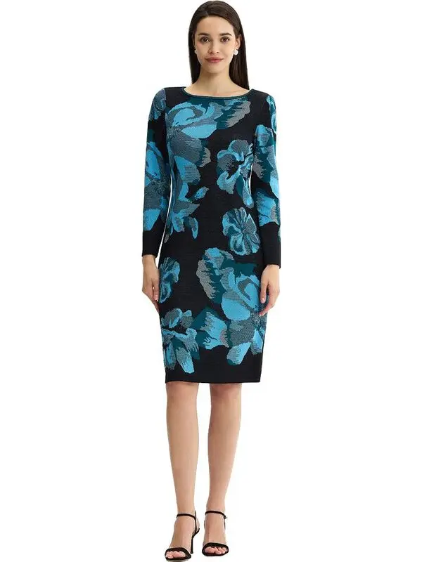 Ming Wang Floral Jacquard Soft Knit Midi Dress - Deep Teal