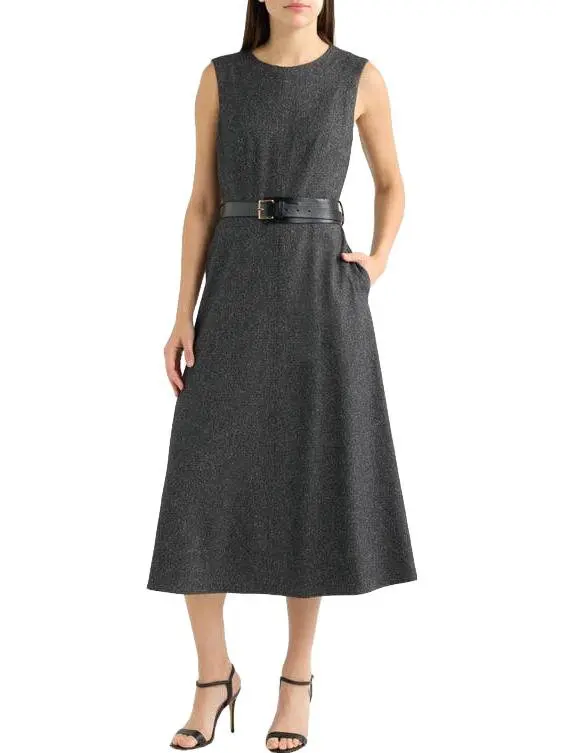 Sam Edelman Sleeveless Belted Midi Dress In Herringbone - Salt Pepper
