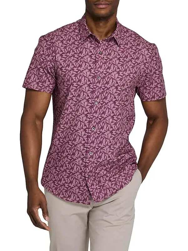 W.R.K Leaf Print Performance Short Sleeve Button-up Shirt - Maroon