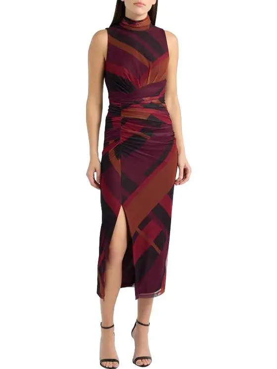 Vince Camuto Patterned Mesh Mock Neck Body-con Dress - Wine