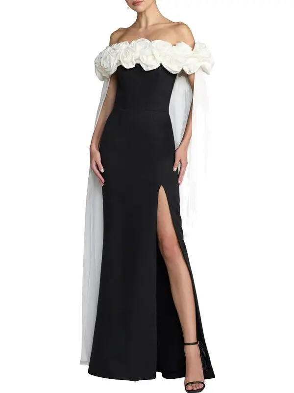 Mac Duggal Off-the-shoulder Crepe Gown With Chiffon Cape And Floral Embellishments - Black Ivory