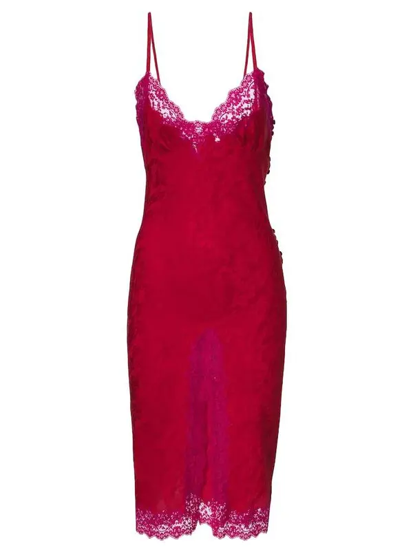 Saint Laurent Lace-trimmed Silk Jacquard Midi Dress - Red