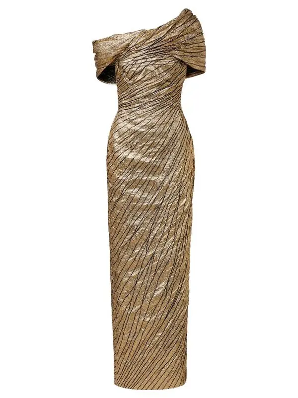 MARMAR HALIM Striped Asymmetrical Brocade Bustier Gown - Gold