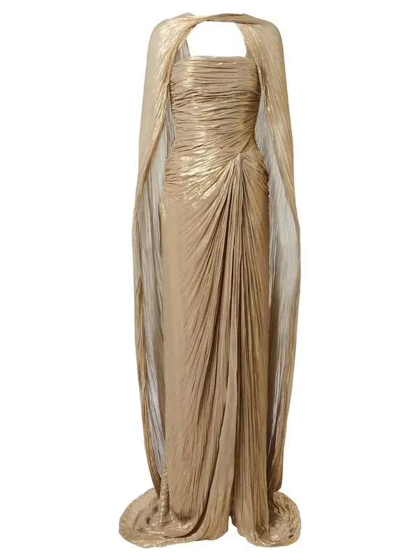 MARMAR HALIM Pleated Cape Effect Bustier Gown In Metallic - Gold