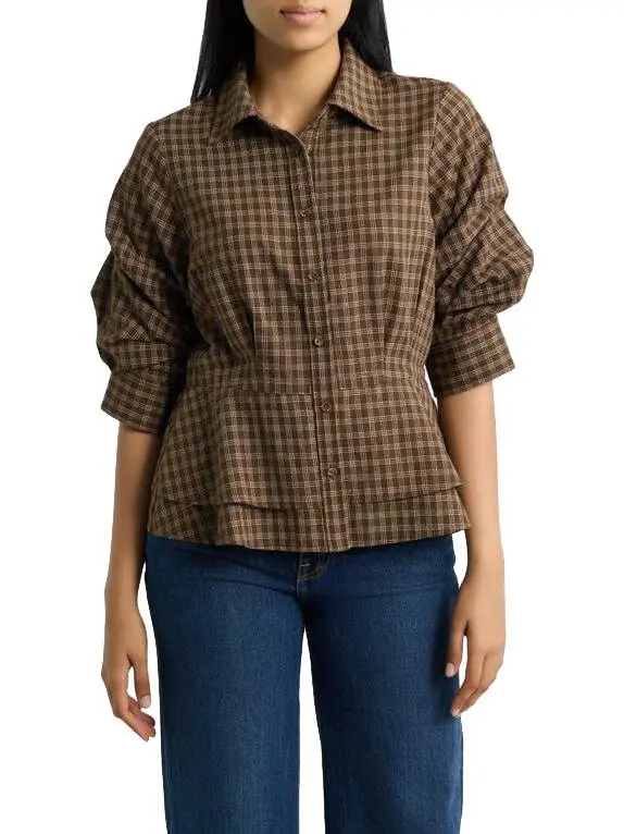 Wit & Wisdom Plaid Ruched Sleeve Peplum Shirt - Cold Brew Multi