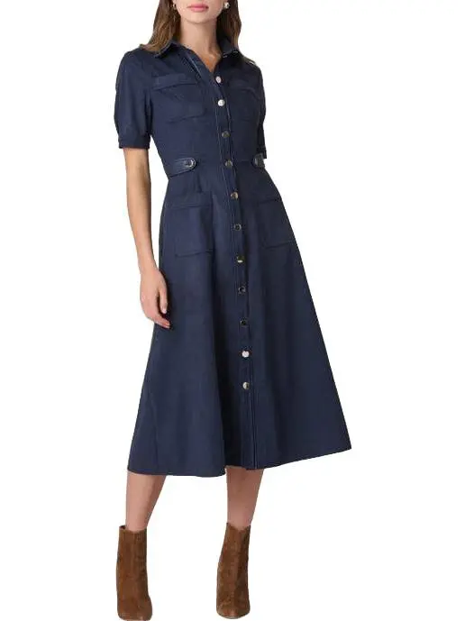 Shoshanna Faux Suede And Leather Trimmed Fit-and-flare Dress - Navy
