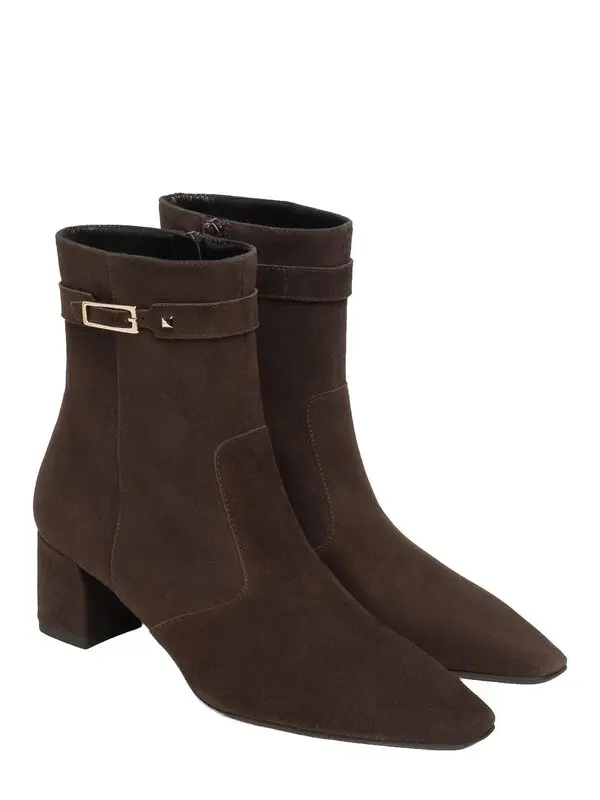 NEROGIARDINI Suede Block Heel Ankle Bootie With Buckle Strap - Chocolate