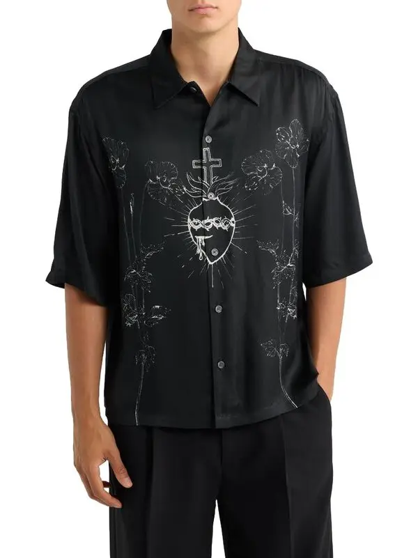 ALLSAINTS Fleur Graphic Short Sleeve Button-up Shirt - Black