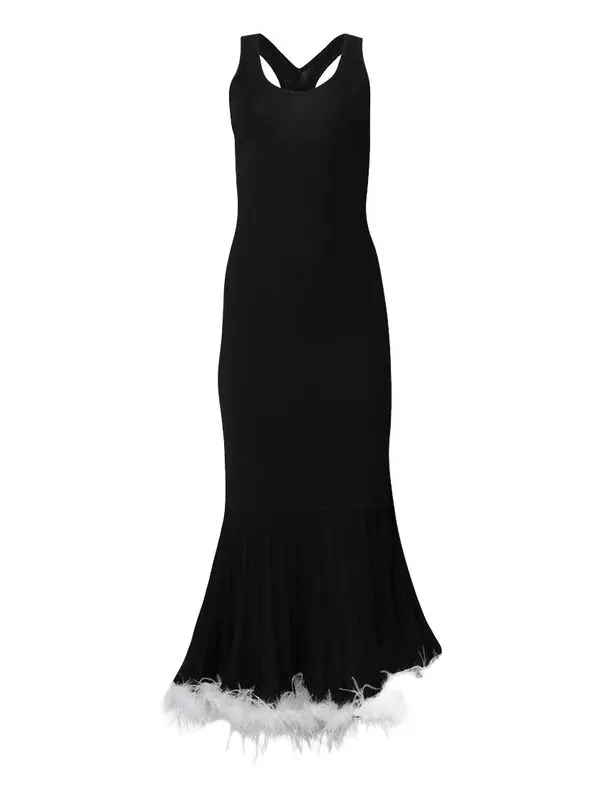 Zeynep Arçay Ostrich Feather Trimmed Maxi Knit Dress - Black & White