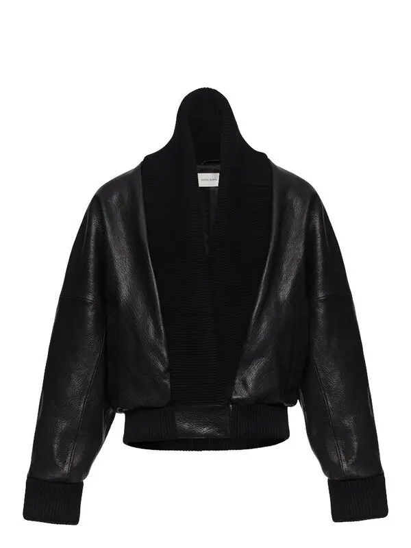 Magda Butrym Leather Bomber Jacket With Knit Shawl Collar - Black