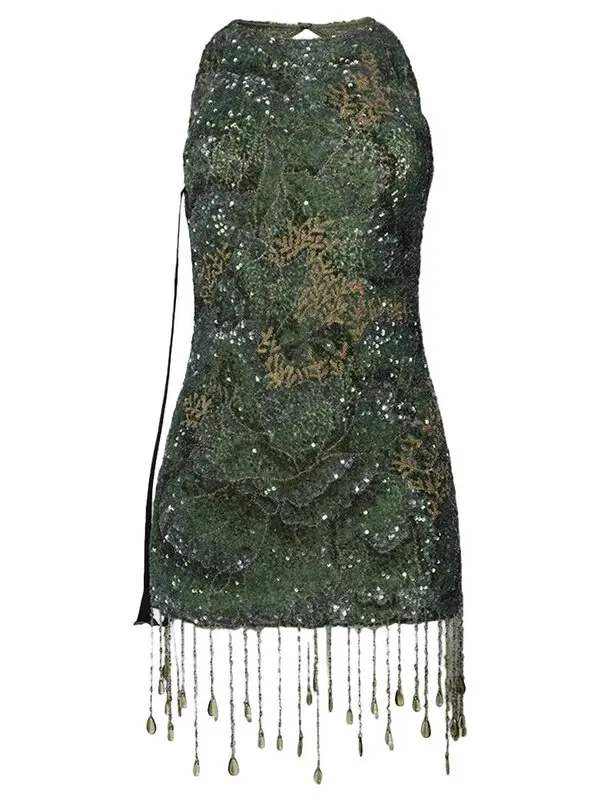 CLIO PEPPIATT Sequin Embellished Halterneck Mini Dress - Khaki