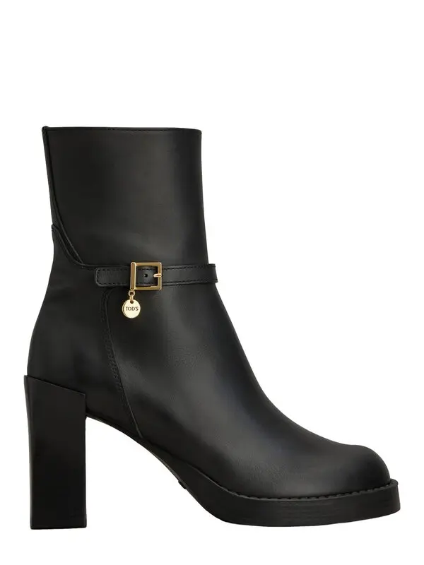 TOD'S Leather Ankle Boots With Decorative Buckle Strap - Black