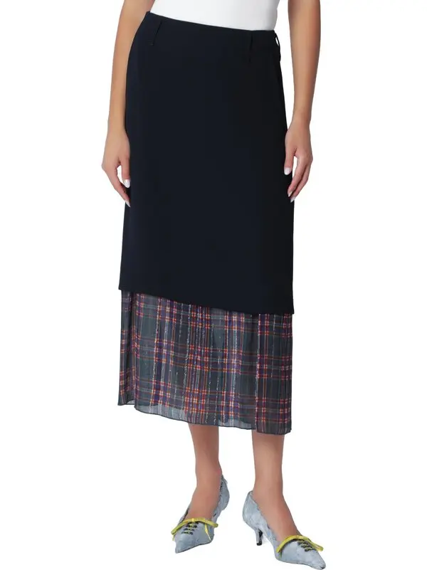 Dries Van Noten Navy Midi Skirt With Check Insert - Blue